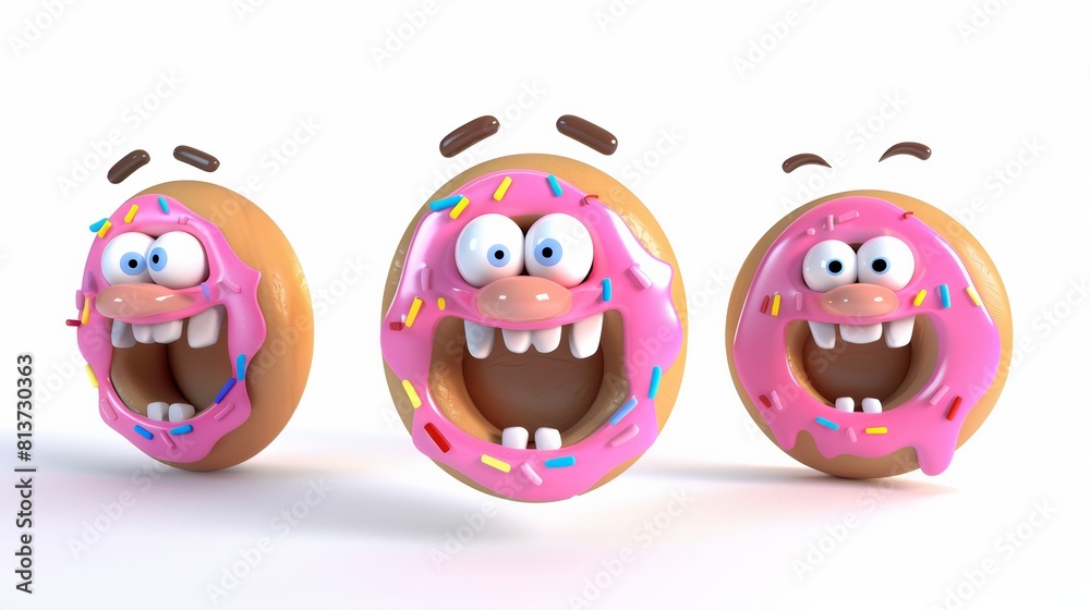 Three animated donut characters, lively facial expressions and colorful ...