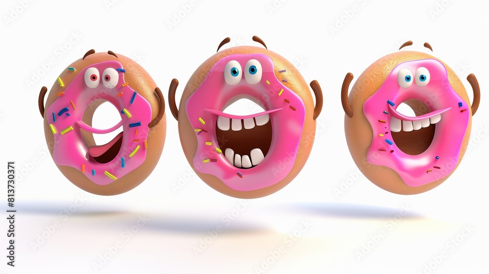 Three animated donut characters, lively facial expressions and colorful ...