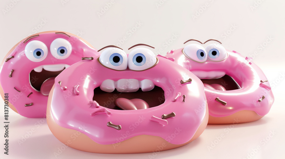 Three animated donut characters, lively facial expressions and colorful ...