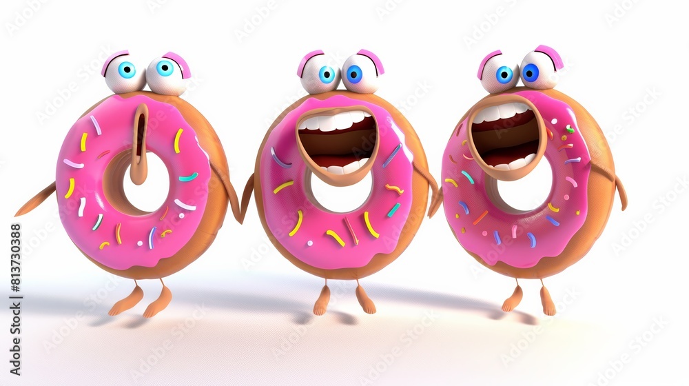 Three animated donut characters, lively facial expressions and colorful ...
