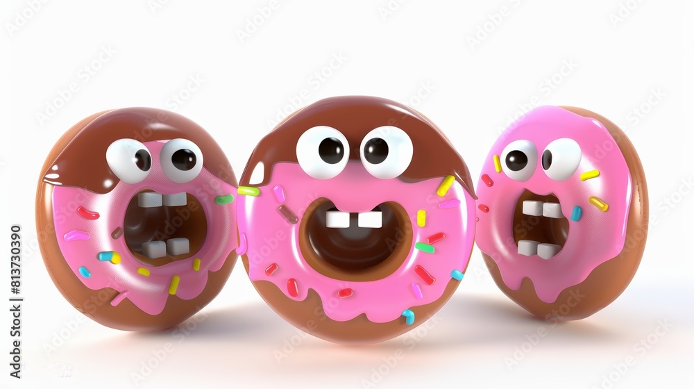 Three animated donut characters, lively facial expressions and colorful ...