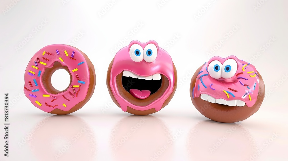 Three animated donut characters, lively facial expressions and colorful ...