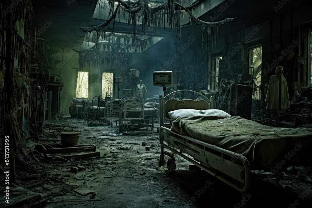 Eerie image of a neglected hospital room with decaying beds and ...