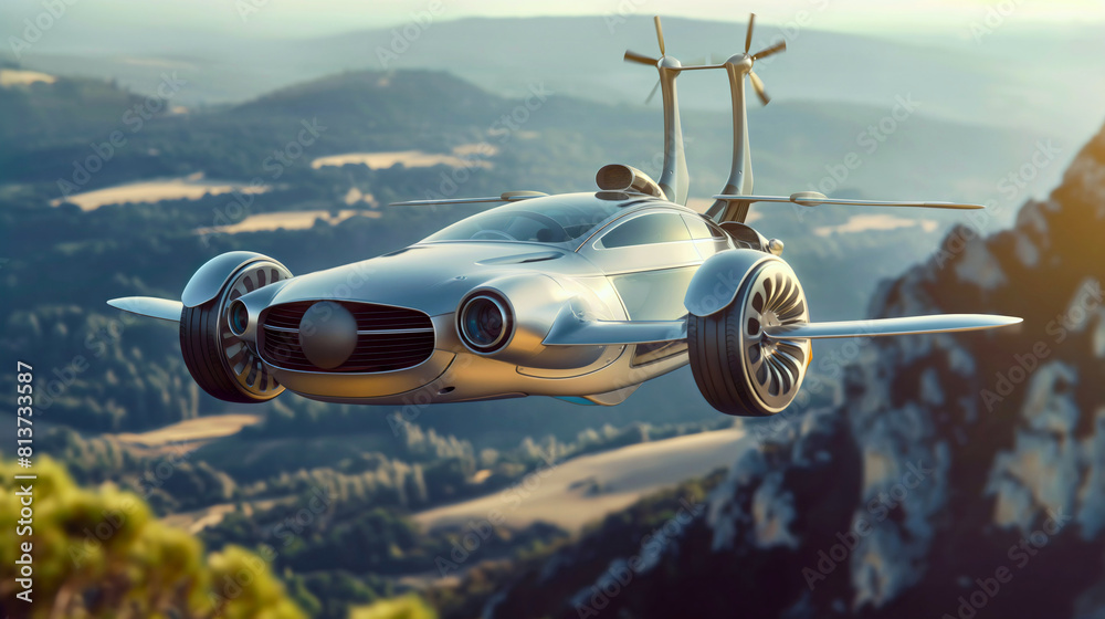 Futuristic flying sports car design 3d render, fly in air in the sky ...