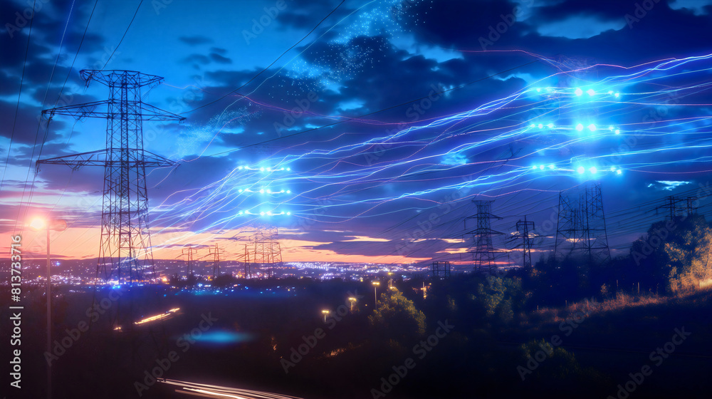 Blue glowing thick cable lines from electricity transformer power line ...