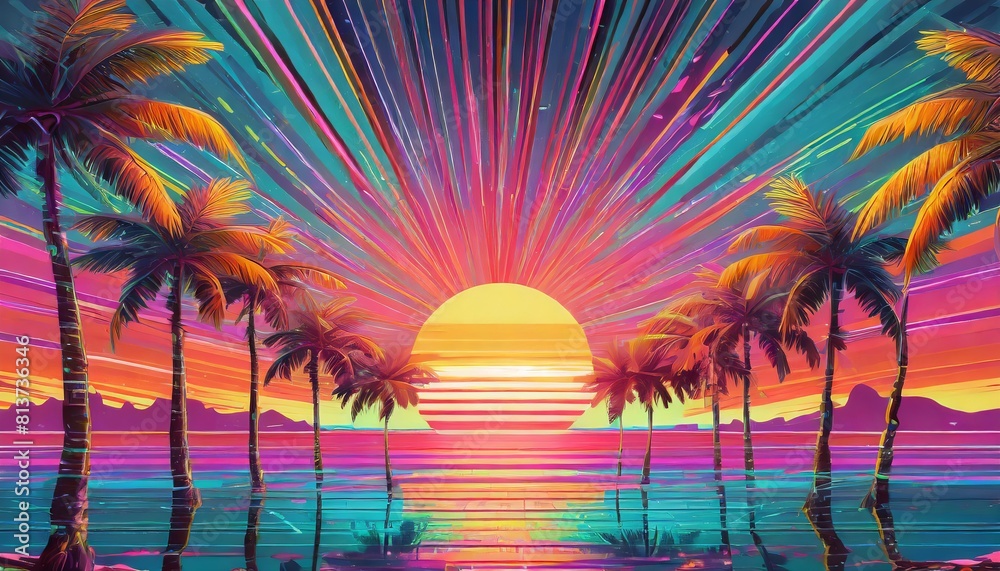 Sunsrise on the beach with 80s Retro Neon gradient background. Palms ...