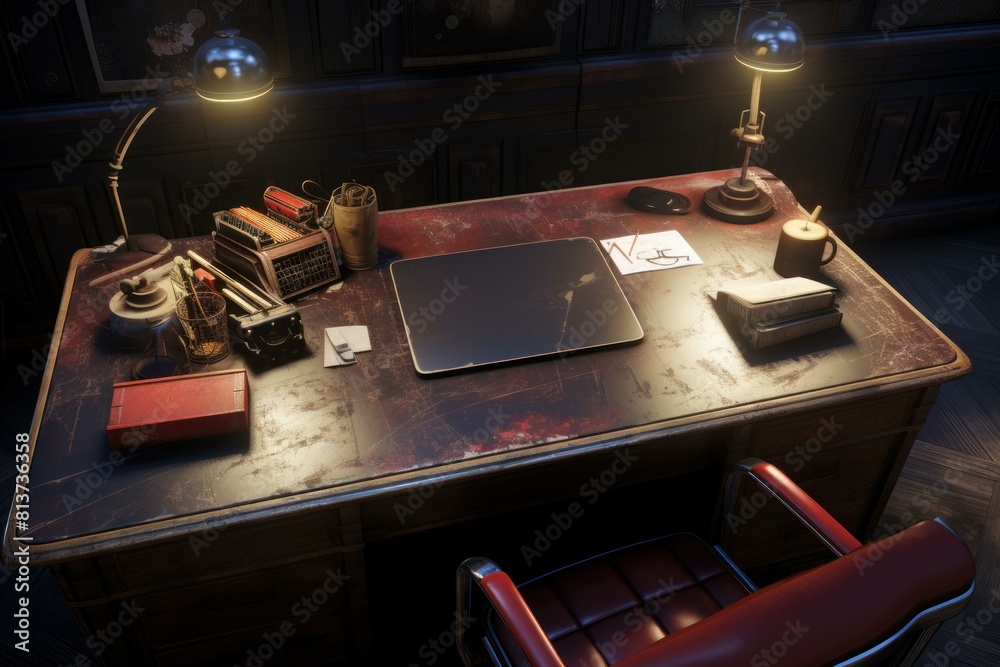 Classic workspace featuring an old-fashioned desk, typewriter, and lamp ...