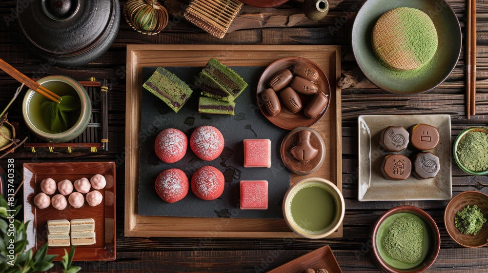 an image of a traditional Japanese dessert spread on a wooden platter ...