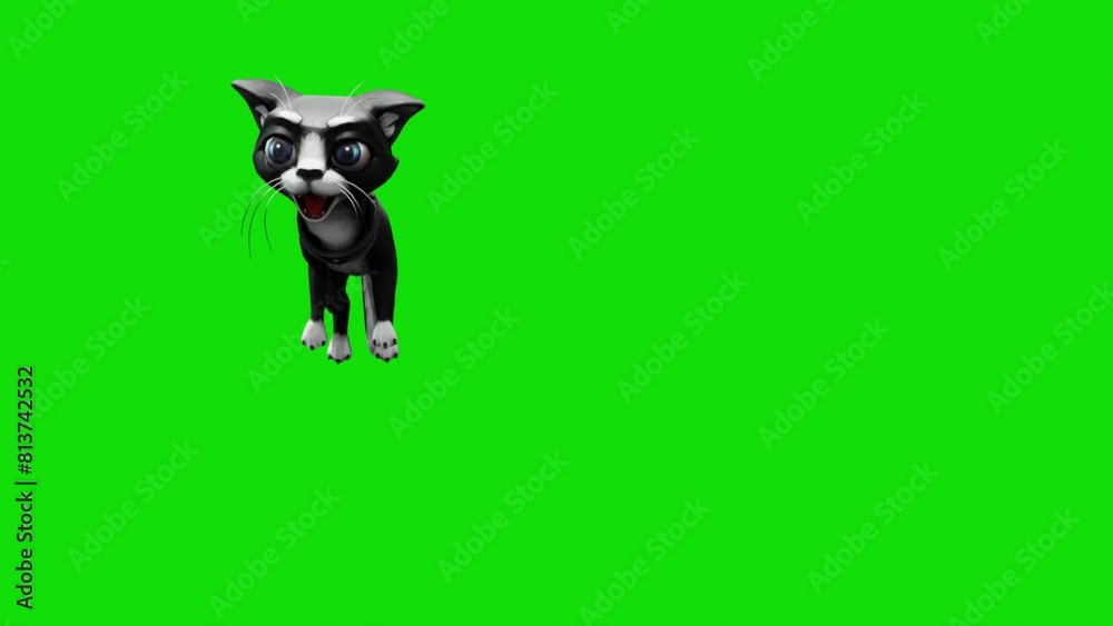 3D character animation of a cute black cartoon cat standing in surprise ...
