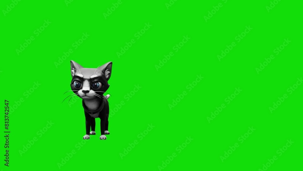 3D character animation of a cute black cartoon cat looking around ...