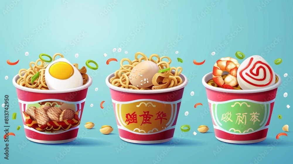 Animated modern illustration of instant noodles with fried eggs, meats ...