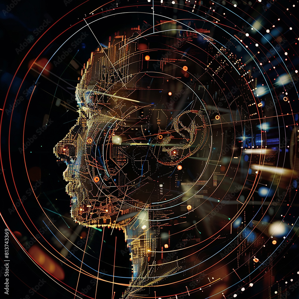 Intricate digital artwork of a human face overlaid with vibrant, glowing circuitry and abstract ...