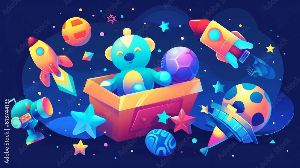 Toy box for kids. Cartoon child with ball, car, doll, rocket, etc. in ...