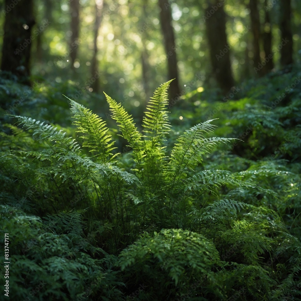Sunlight filters through dense forest, illuminating cluster of vibrant ...