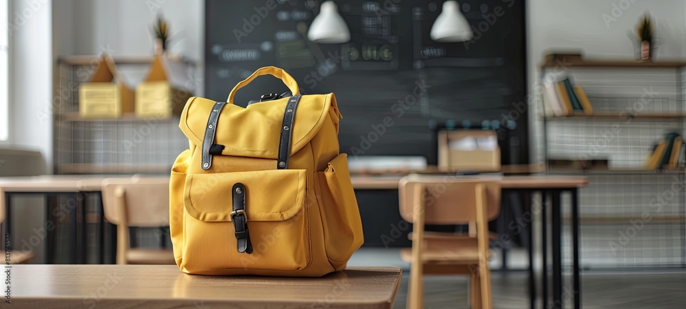 Classroom. A new school bag is on a student's desk in the classroom. A ...