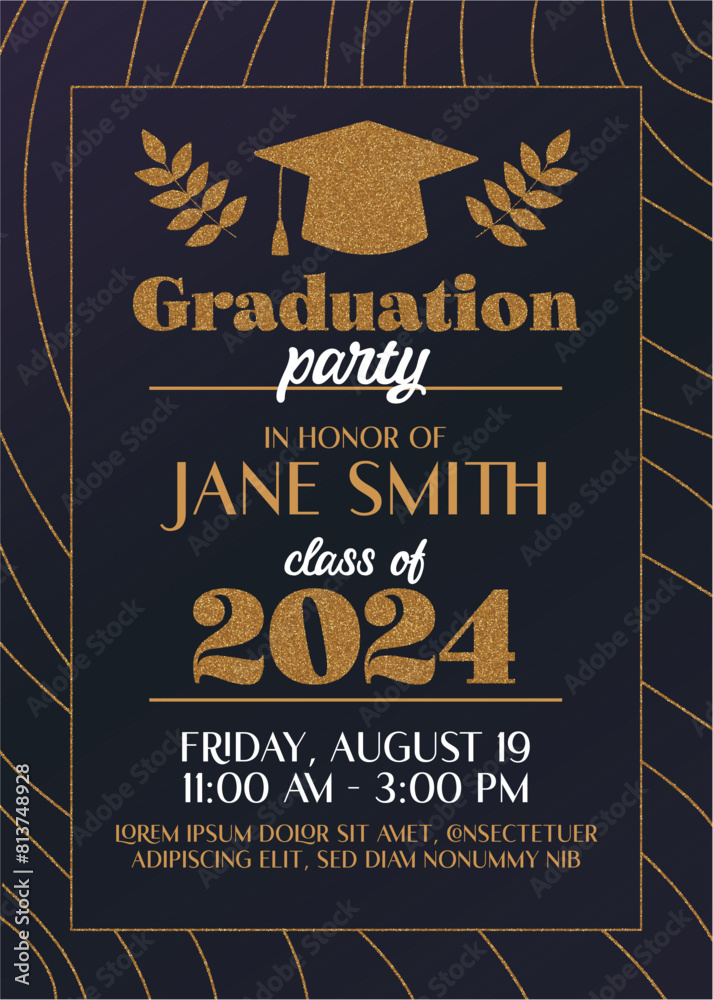 Dark with gold glitter Graduation party 2024 invitation card. Stock ...