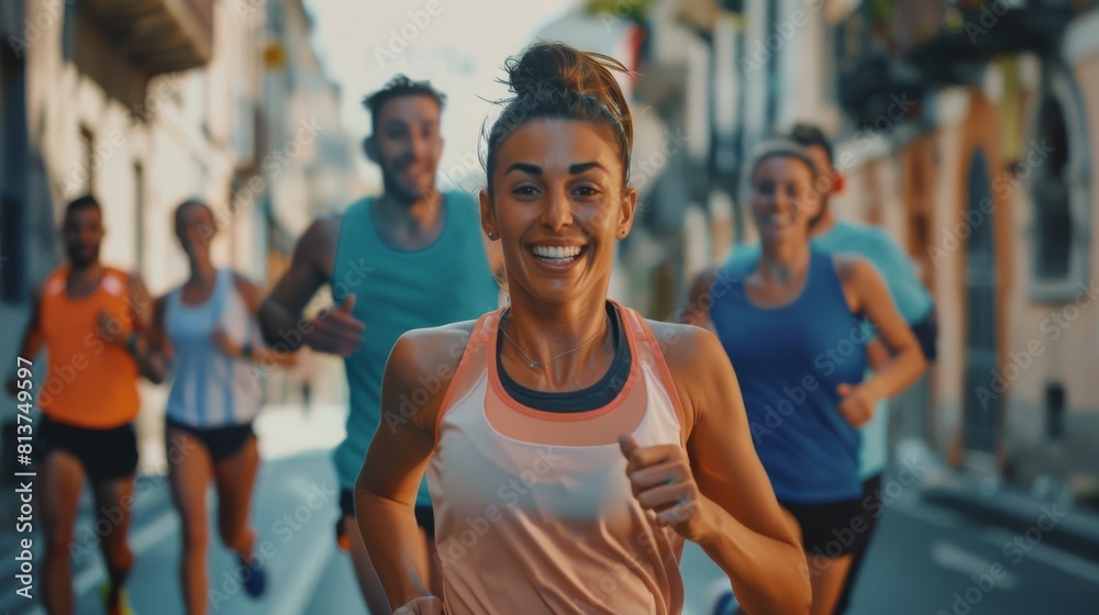 Running a Marathon in a City During the Day. A fit and active female ...