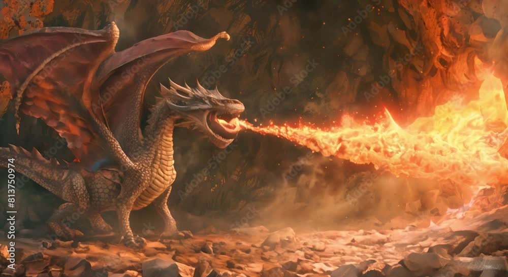 Animation of a dragon spewing fire in a cave. moving illustration vídeo ...