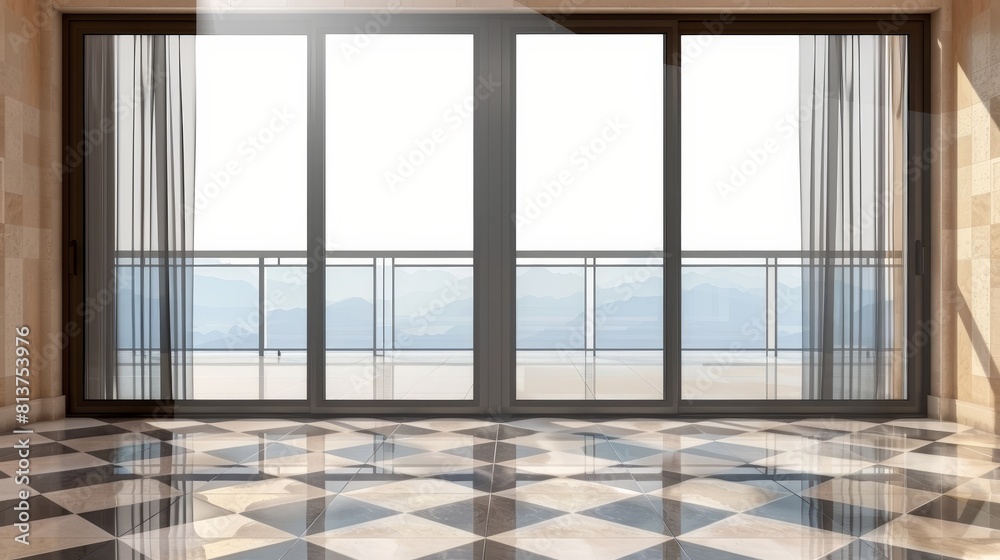 Isolated glass window door with balcony railing and closed doors on ...