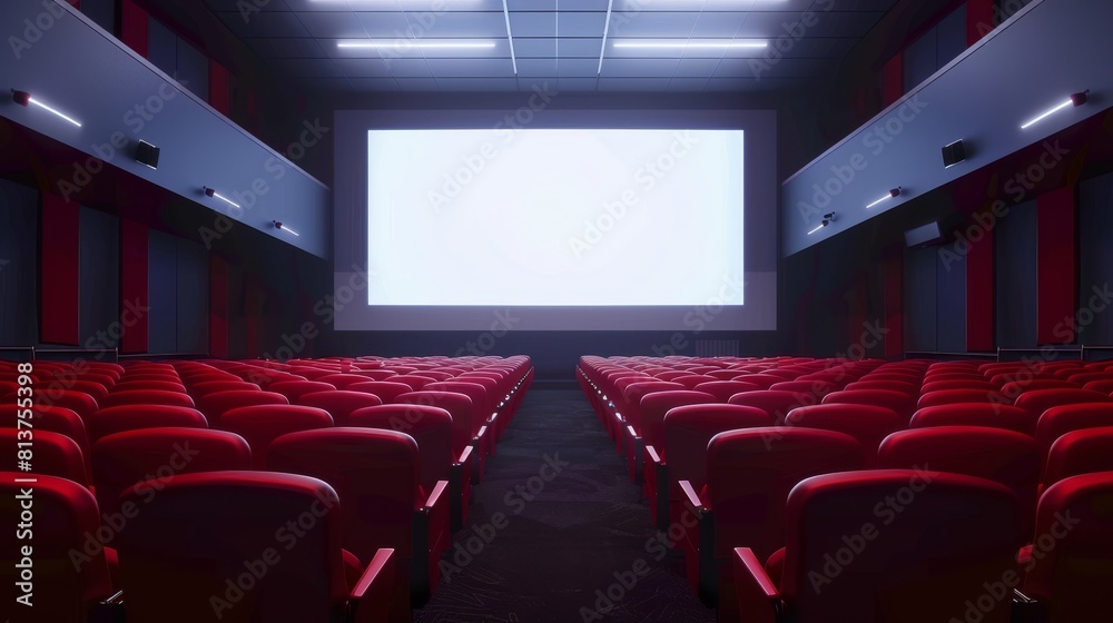 In a movie theater hall with rows of seats, a blank television monitor ...