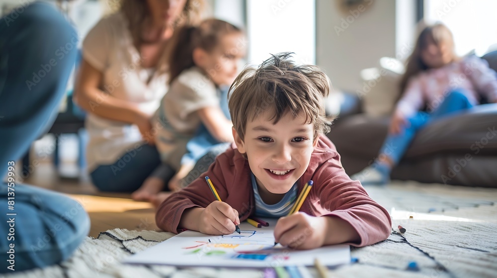 Children sister and brother playing drawing together on floor while ...
