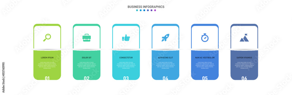 Horizontal progress bar featuring 6 arrow-shaped elements, symbolizing ...