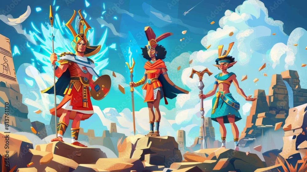 A cartoon poster with Egyptian gods Amun Ra, Horus, Pharaoh and ...