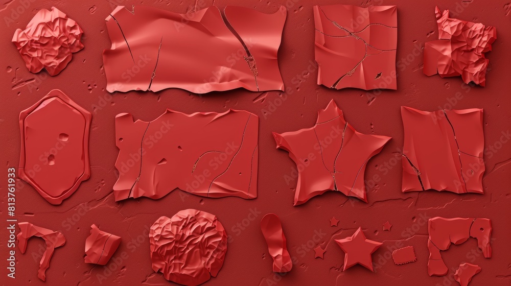A mockup of red glued stickers or crumpled paper patches with curve ...