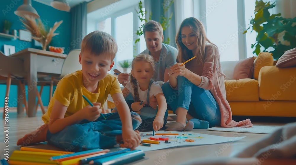 Children sister and brother playing drawing together on floor while ...