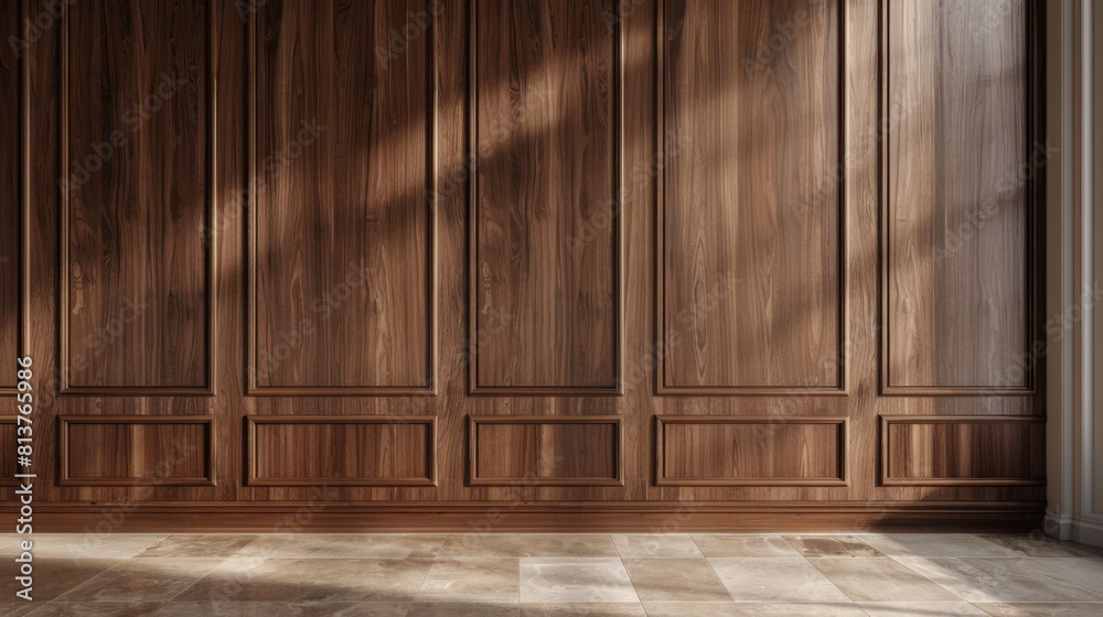 Brown wood wall panels. Classic interior with luxurious moldings on an ...