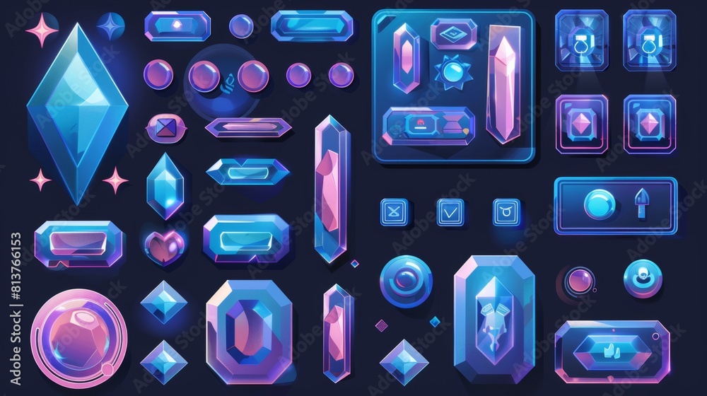 User profile UI elements in round and square blue crystal frames with ...