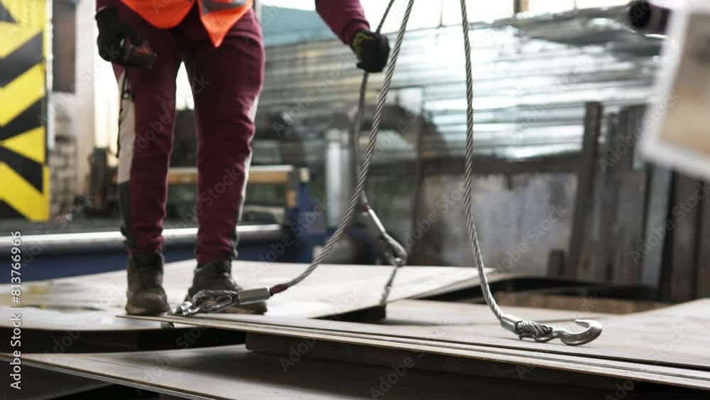 A worker moves large industrial metal parts using a remote-controlled ...