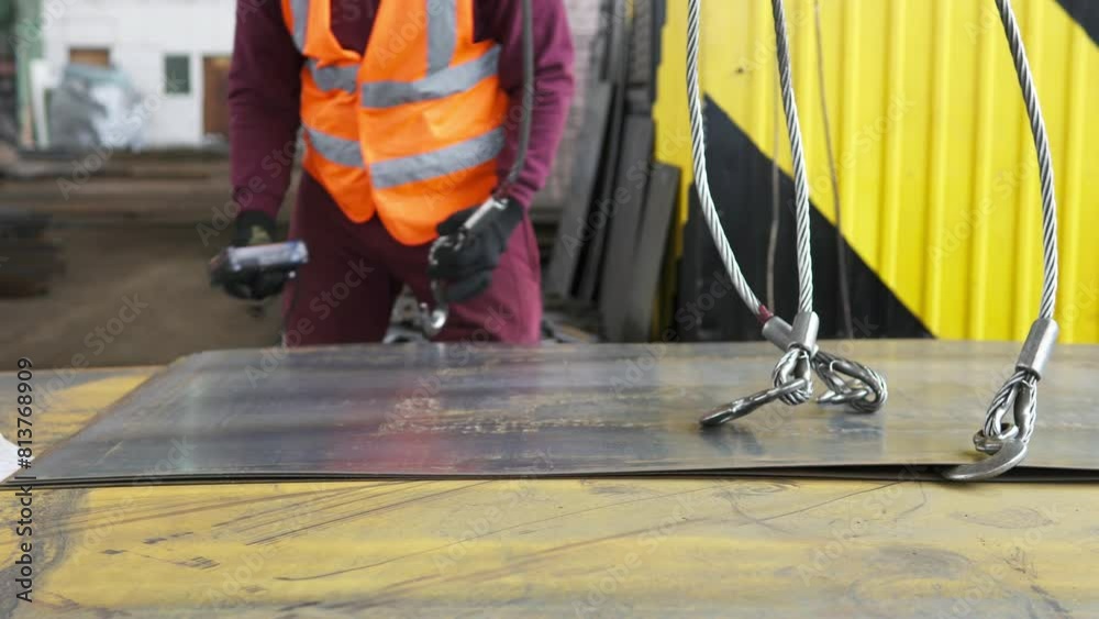 A worker moves large industrial metal parts using a remote-controlled ...