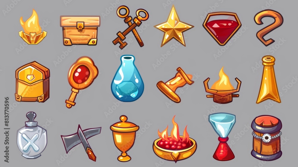 Set of icons for the UI of RPG computer or mobile games, including keys ...