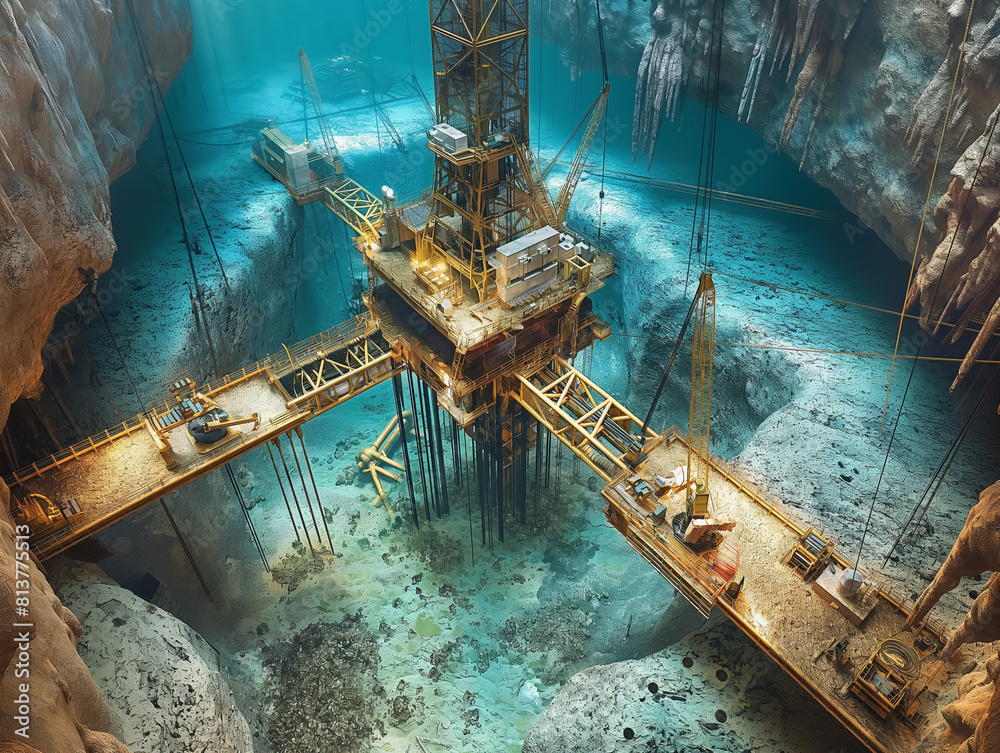 The underwater oil rig is a large structure that is used to extract oil ...