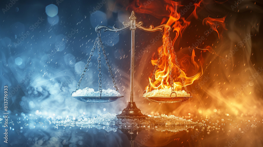 Balance scales with flames and ice as metaphors - An evocative image ...