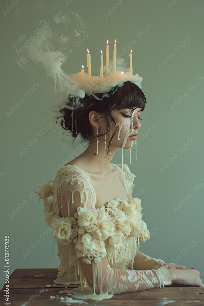 woman with candles on her, in dress made from wax dripping down, pastel ...