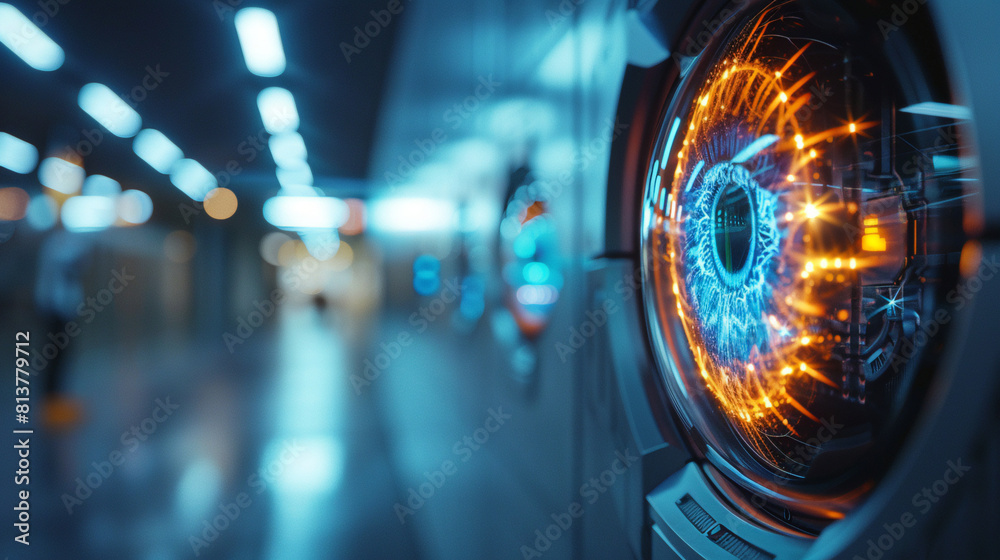 Female eye close up with smart contact lens with digital and bio-metric ...