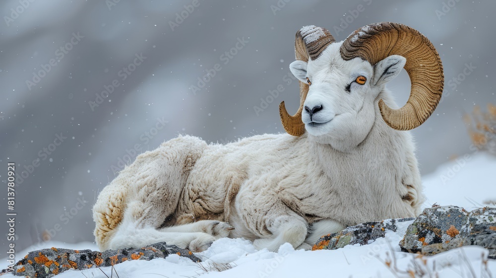 Portrait of a Dall sheep (Ovis dalli) rests on a hillside looking at ...