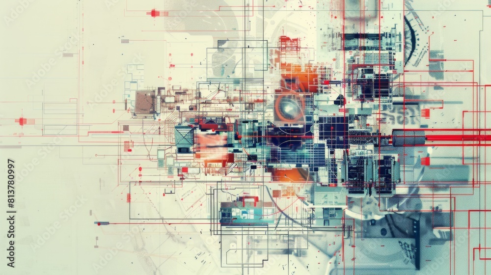 Abstract digital artwork with layered geometric shapes, lines, and ...