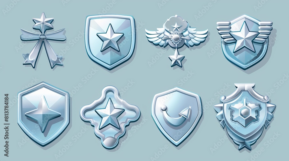 Military game rank badges isolated on white background. Modern cartoon ...