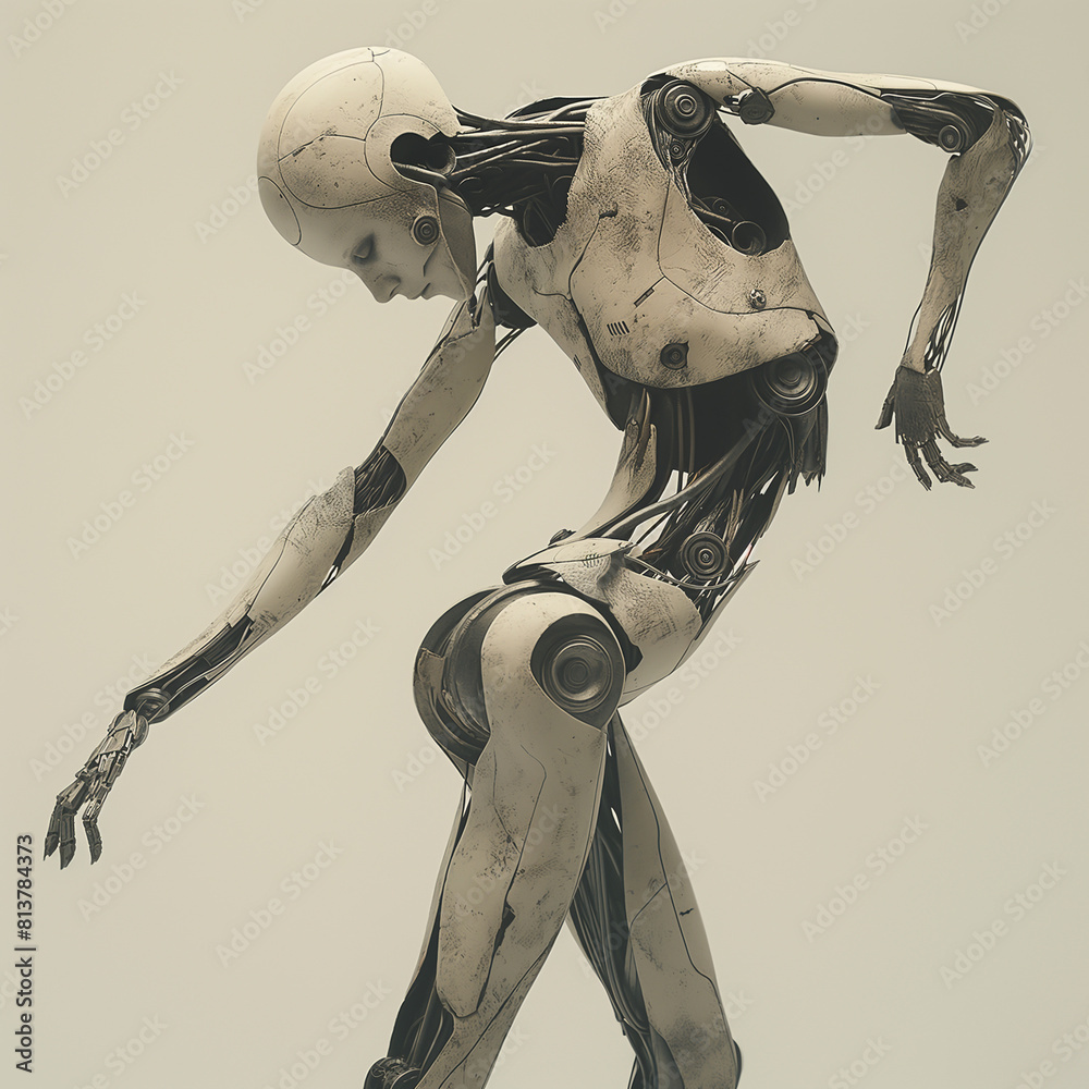 3D rendering of a female robot with white and gray metal plating and ...
