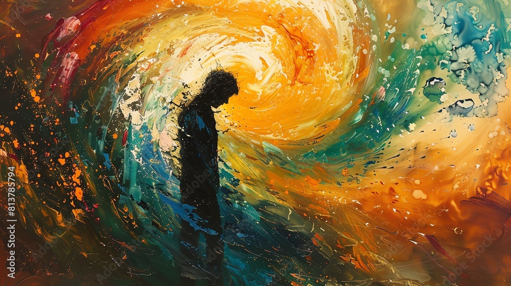 An abstract painting with vibrant swirls converging into a human ...