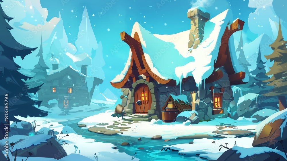 Cartoon illustration of a winter village scene with a cute fantasy ...