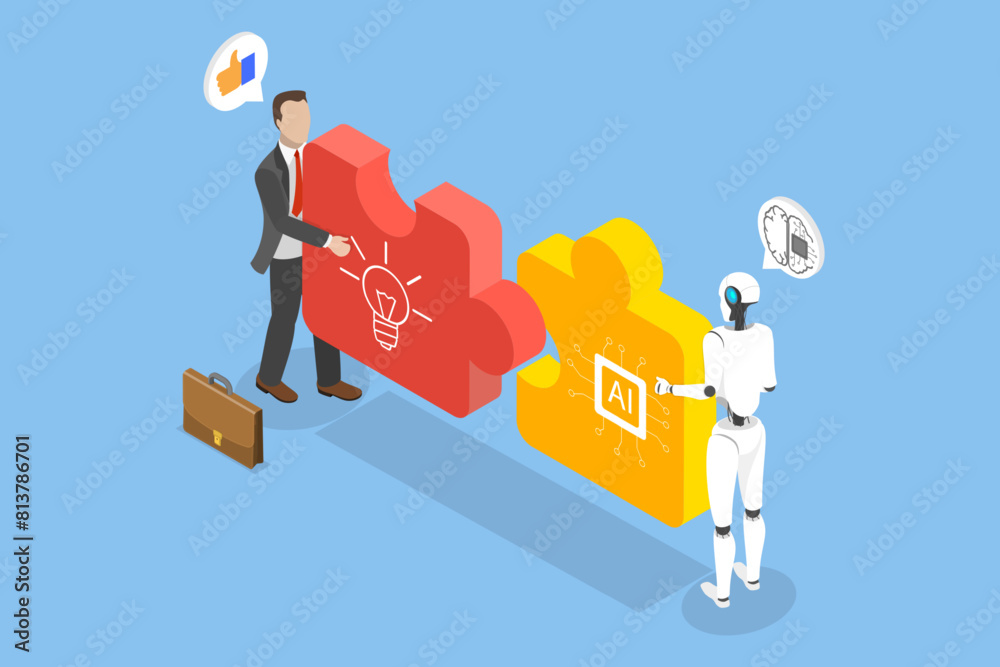 3D Isometric Flat Vector Illustration of Human and AI Working Together ...