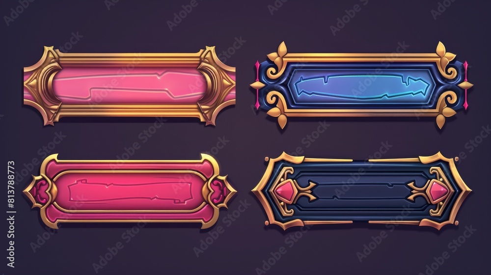 Game button gold frame UI cartoon fantasy design. Fantasy banner ...