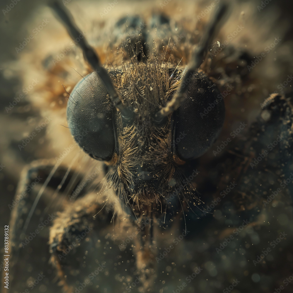 A close-up of a fly's head with big round compound eyes and hairs Stock ...