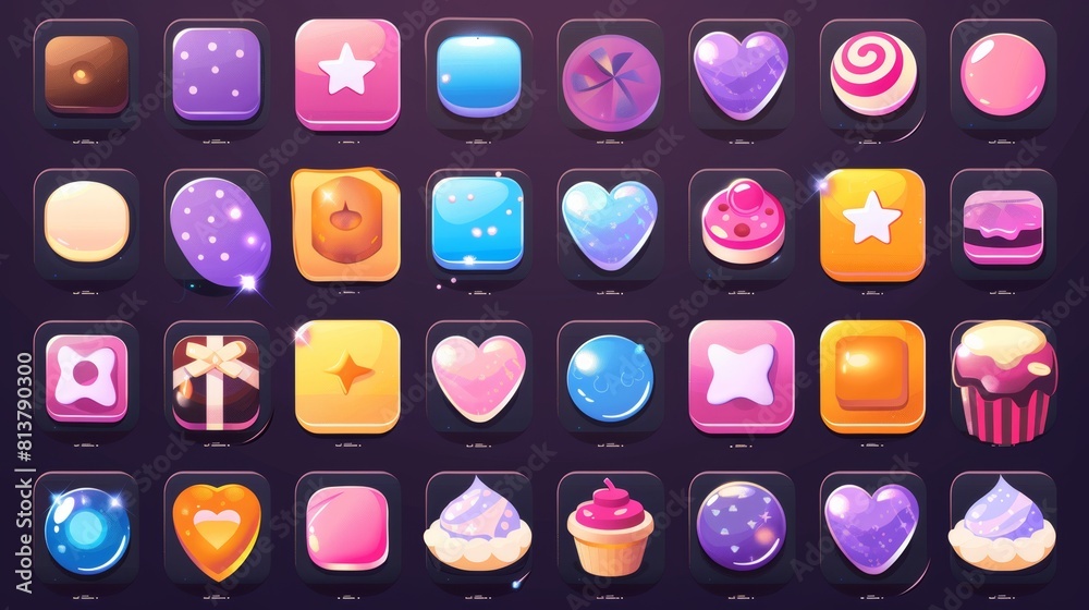 Icon and button modern cartoon design set for UI game interface with ...