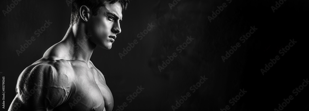Bodybuilding fitness banner with muscular bodybuilder flexing muscles ...