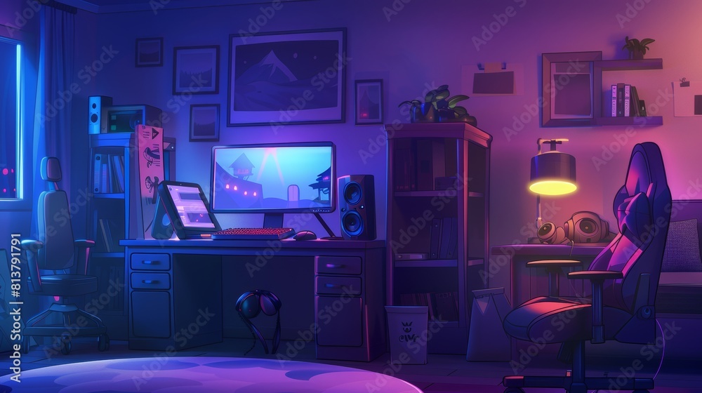 Gamer room with neon screen and computer modern background. Video game ...
